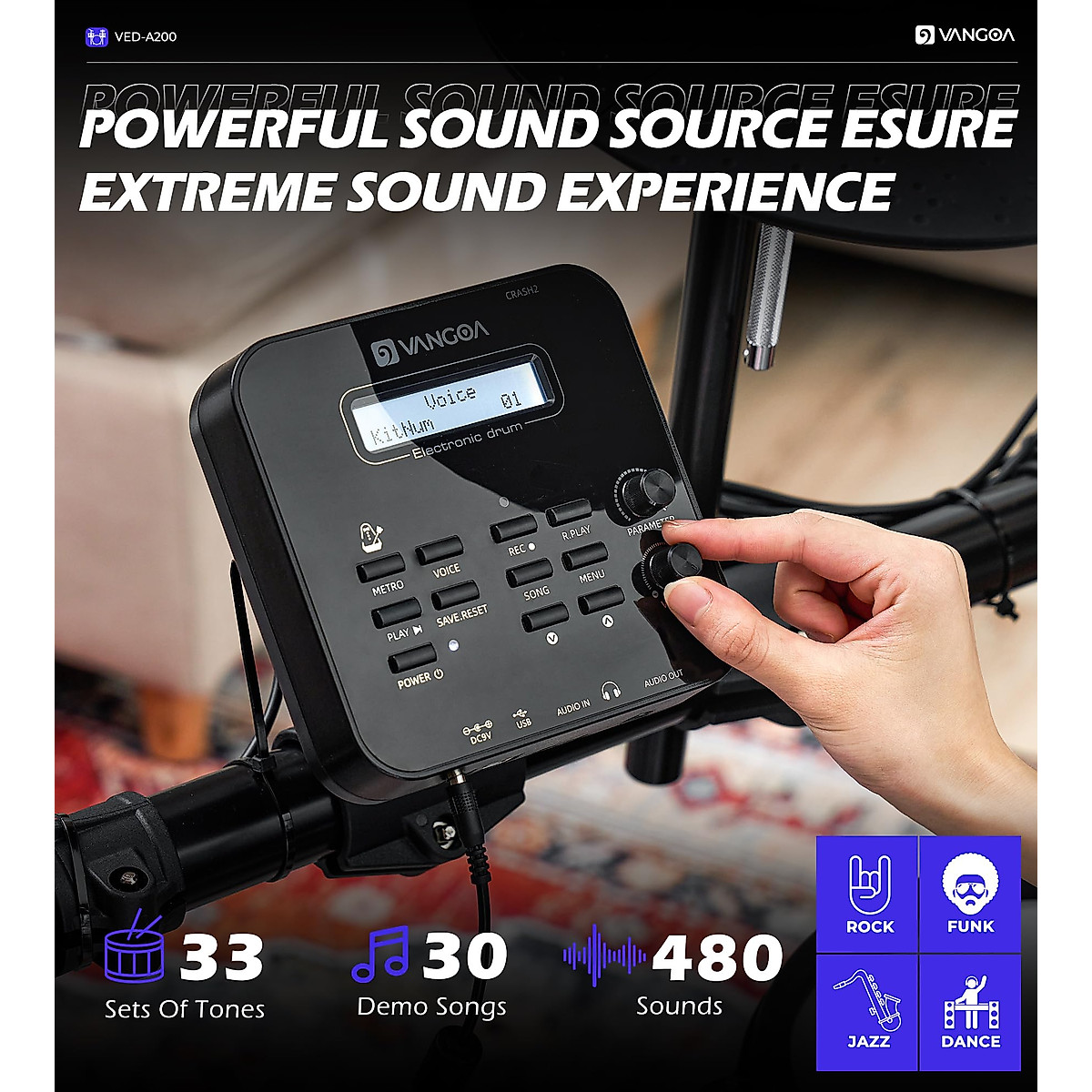 Vangoa Electric Drum Set 8-Pieces with Quiet Mesh Drumheads, Cymbals, Heavy Duty Pedals, 480 Sounds, USB MIDI, Throne, Headphone, Complete Electronic Drum Set for Beginners Adults, Black