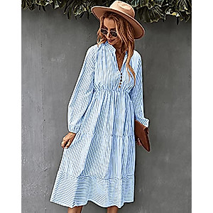 YOXUA Women's Striped Shirt Dresses Stand V Neck Midi Dress Pleated Ruffle Casual Long Sleeve Dress