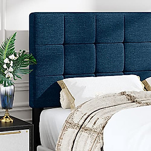 Allewie Queen Size Panel Bed Frame with Adjustable Headboard for High Profile/Fabric Upholstered/Square Stitched Padded Headboard/Box Spring or Bunkie Board Required/Navy Blue
