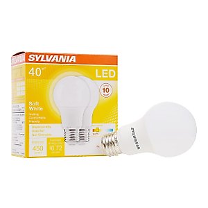 SYLVANIA LED Light Bulb, 40W Equivalent A19, Efficient 6W, Medium Base, Frosted Finish, 450 Lumens, Soft White - 2 Pack (74077)