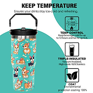 Corgi Gifts Corgi Tumbler with Handle and Straw, Stainless Steel Vacuum Insulated Flip Straw 30 oz Corgi Tumbler, Spill Proof Coffee Travel Mug Corgi Gifts for Corgi Lovers