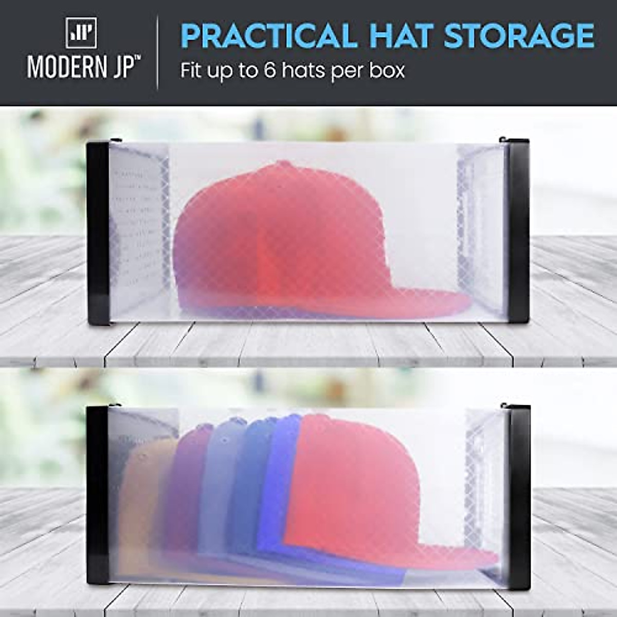 Modern JP Hat Organizer for Baseball Caps (4-Pack) - Dust-Free Hat Storage Box, See-Through Hat Rack Display - Holds up to 6 Caps per Box
