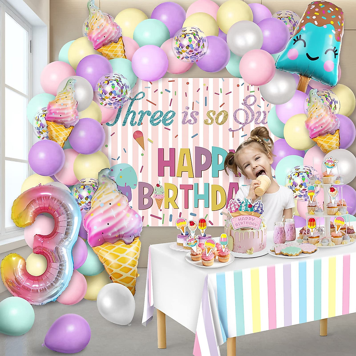 Ice Cream Birthday Party Decorations, Three is So Sweet Ice Cream Balloon Garland with Birthday Backdrop Cupcake Toppers Tablecloth for 3rd Birthday Decorations for Girls Ice Cream Party Decorations