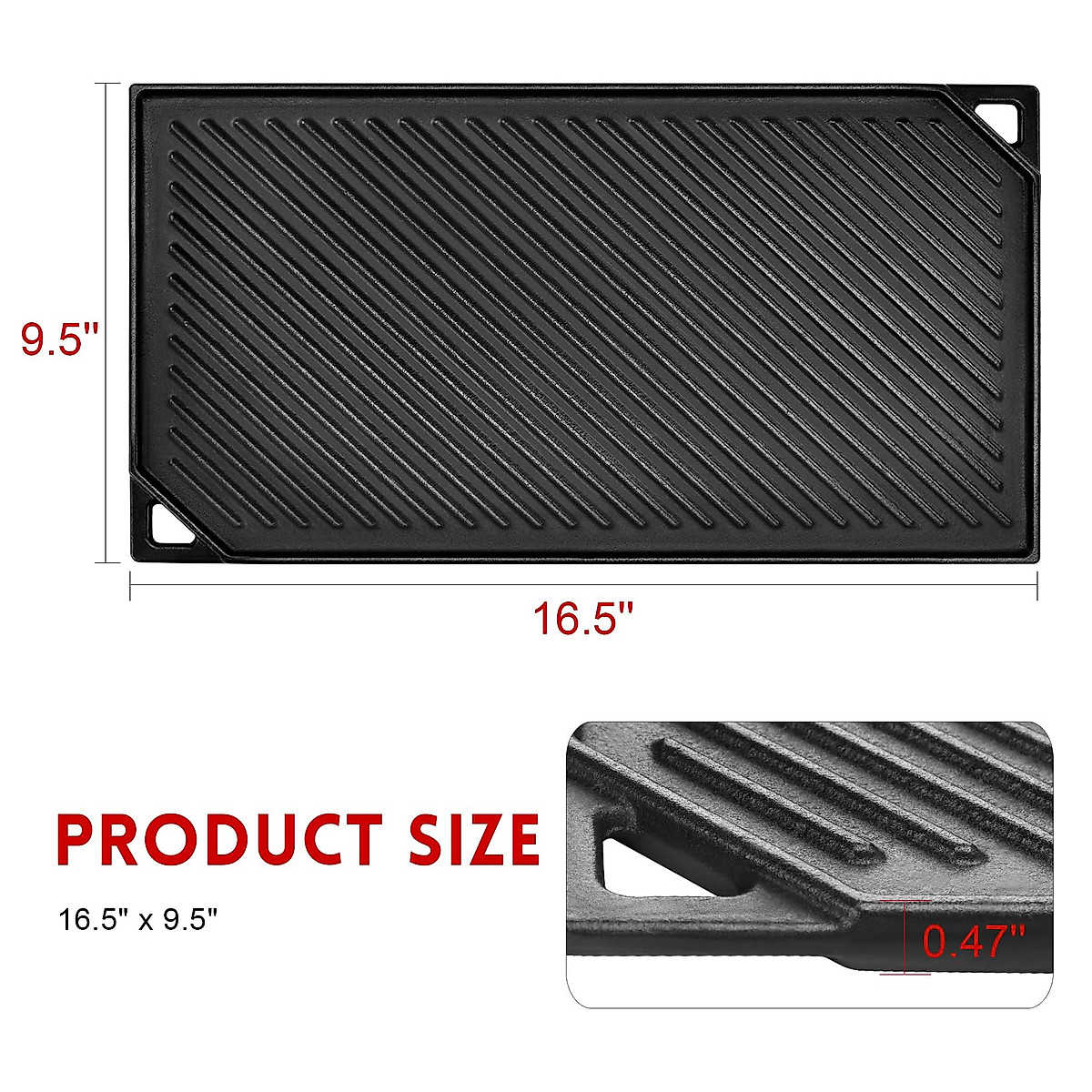 GGC Cast Iron Griddle, Reversible Flat Top Griddle for Gas Grills, Stove Tops, and Outdoor Cooking, 16.5 x 9.5 Baking Flat and Ribbed Griddle Plate for Family Cooking