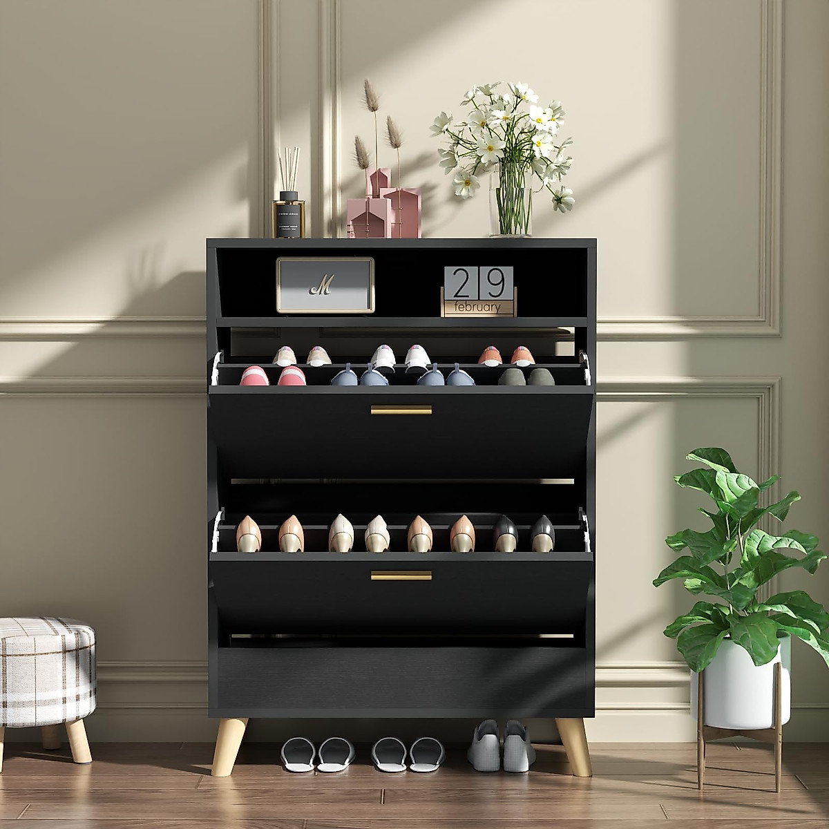 Shoe Storage Cabinet for Entryway, Free Standing Shoe Organizer with 2 Flip Drawers, Slim Narrow Hidden Shoe Rack Cabinet with Open Shelf, Shoe Cabinet for Hallway, Living Room (Black)