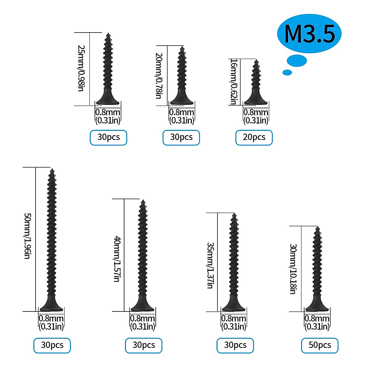 YOUYIDUN - 220 Pieces Black Wood Screws Assortment Kit, Phillips Drive Truss Head Flat Head Self-Tapping Screws, Carbon Steel Screws for Wood, M3.5 x (16/20/25/30/35/40/50) mm