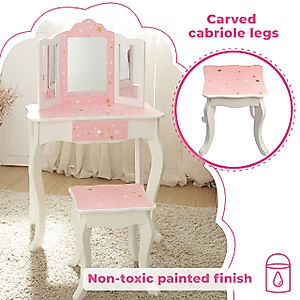 Teamson Kids Princess Gisele Twinkle Star Print 2-Piece Kids Wooden Play Vanity Set with Vanity Table, Tri-Fold Mirror, Storage Drawer, and Matching Stool, White with Pink and Gold Star Accent
