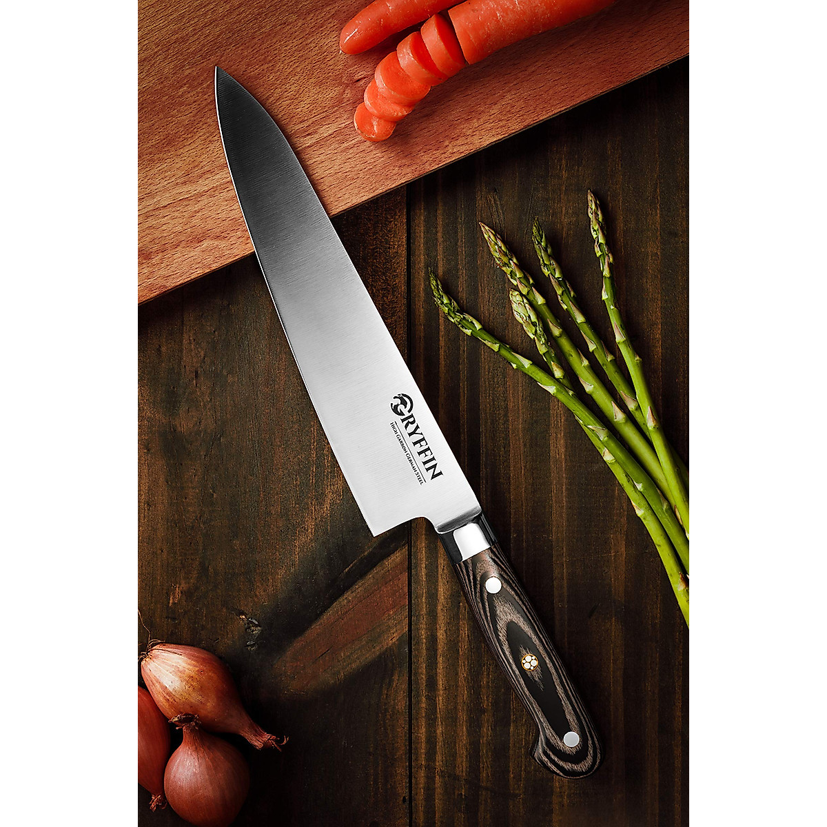 Gryffin Chef Knife 8 inch High Carbon German Steel Full tang for Kitchen with ergonomic pakkawood handle ultra sharp blade edge