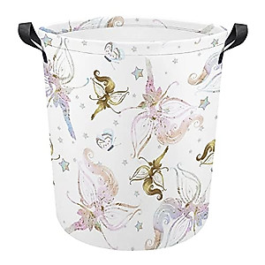 HoaMoya Collapsible Watercolor Butterfly Laundry Basket Cute Fairies Freestanding Laundry Hamper With Handles Large Waterproof Cloth Toy Storage Bin for Household Bedroom Bathroom