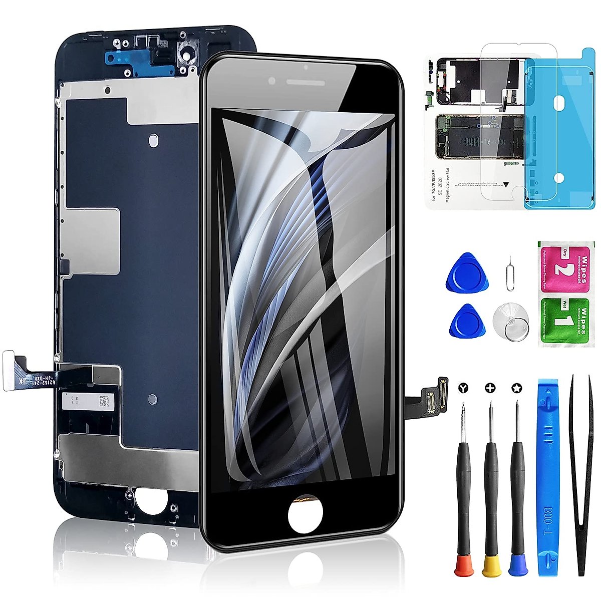 Diykitpl for iPhone 8/ SE 2020 2nd Generation Screen Replacement Black, LCD Touch Screen Digitizer with Repair Tools for A2275, A2298, A2296 with Waterproof Seal+Repair Tools+Screen Protector