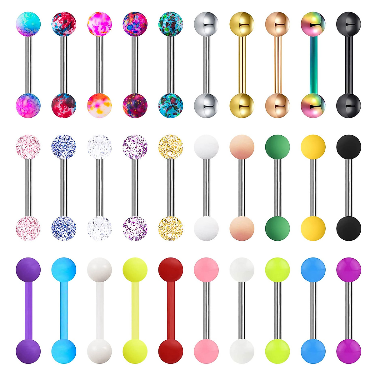 VANGOT 30Pcs 14G Surgical Steel Tongue Rings for Women Stainless Steel Nipple Rings Barbell Body Piercing