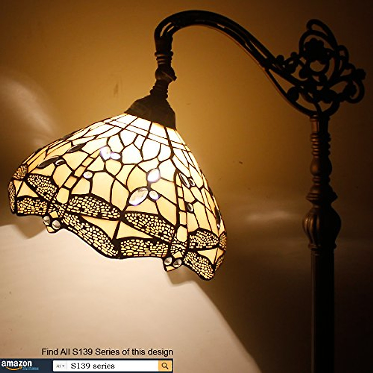 WERFACTORY Tiffany Floor Lamp Cream Stained Glass Dragonfly Arched Lamp 12X18X64 Inches Gooseneck Adjustable Corner Standing Reading Light Decor Bedroom Living Room S139 Series