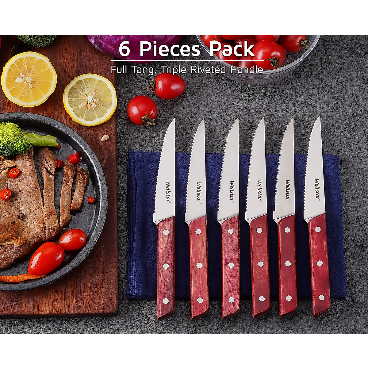 WELLSTAR Serrated Steak Knife Set of 6, Ultra Sharp Japanese Stainless Steel 4.5 inch Blade and Full Tang Pakkawood Handle Dinner Table Knives Pack for Home Kitchen Restaurant – Triple Riveted