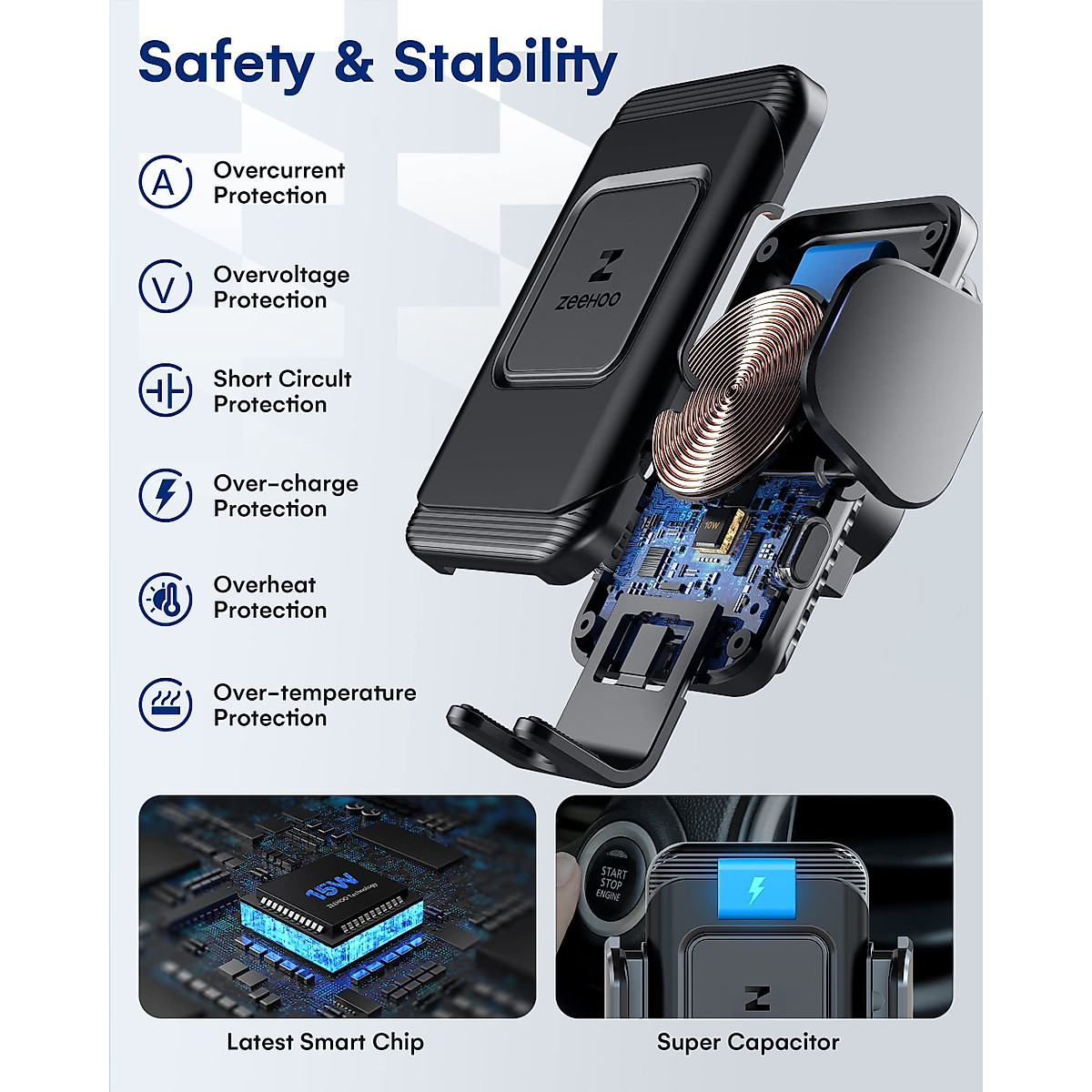 ZeeHoo Wireless Car Charger,15W Fast Charging Auto-Clamping Car Mount,Windshield Dash Air Vent Phone Holder for iPhone 15 14 13 12 Mini 11 Pro Max XS XR