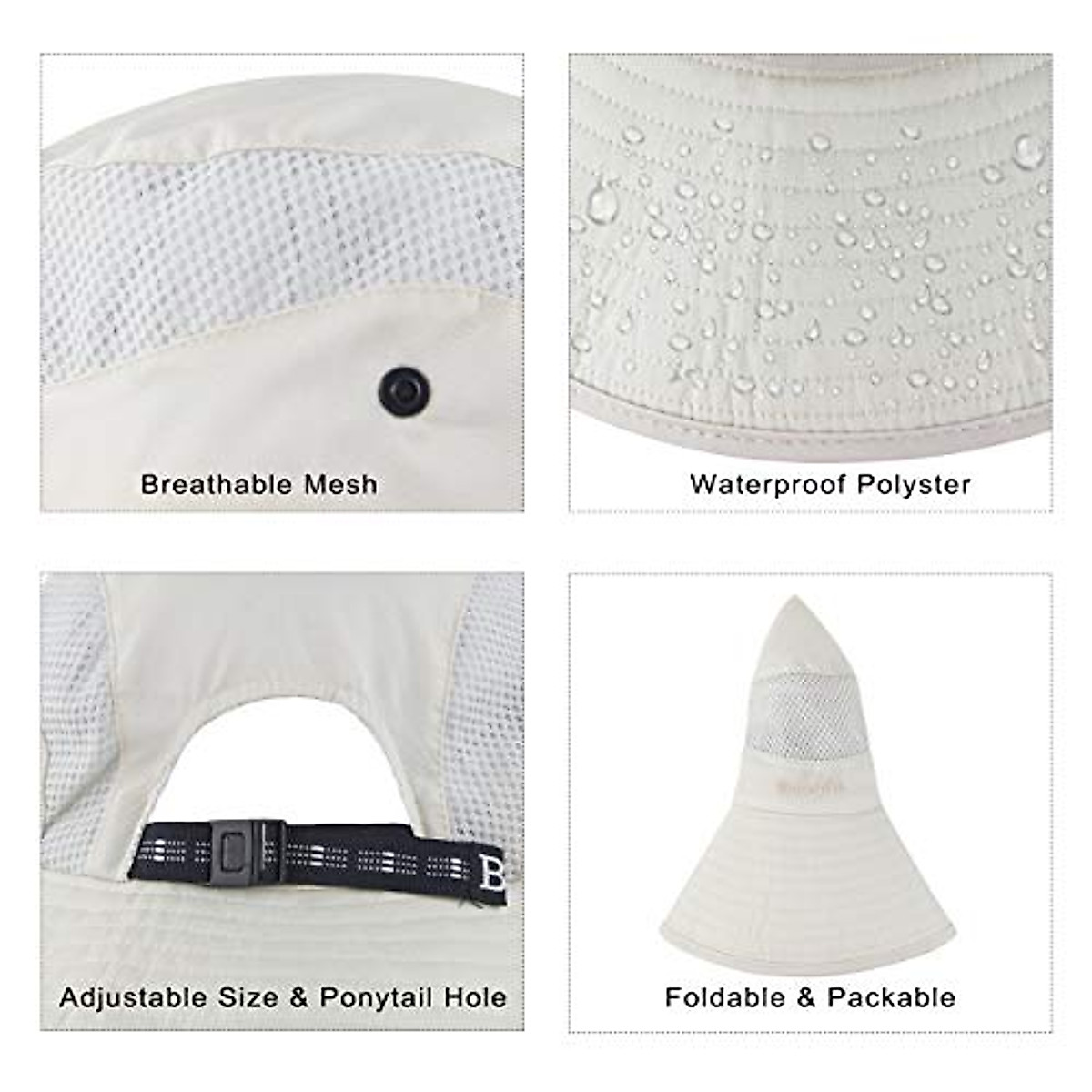 Womens Summer Sun Hat Wide Brim Outdoor UV UPF50 Protection Hats Foldable Packable Ponytail Bucket Cap for Safari Beach Fishing Gardening Beige