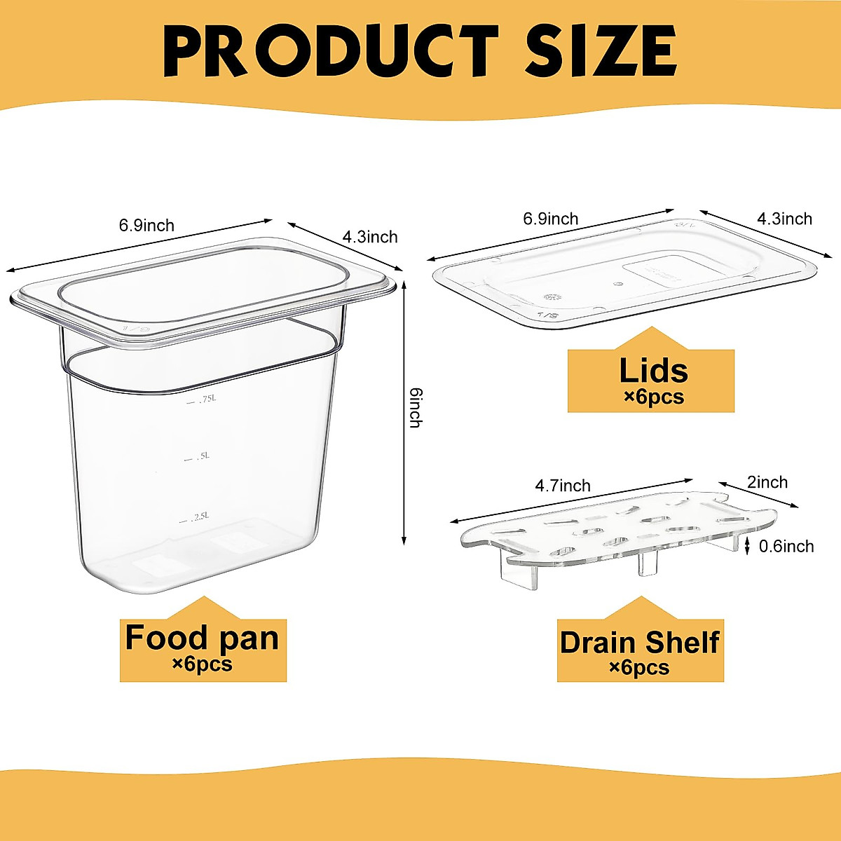 Sunnyray 6 Set 1/9 Size Polycarbonate Food Pans with Lids and Drain Shelf Deep Square Food Storage Containers for Kitchen Restaurant Fruit Vegetable Food Storage (6 inch deep)