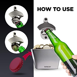 MAGCAP Magnetic Wall Mounted Bar - Style Bottle Opener and Bottle Cap Catcher Set for Beer and Sodas - Stylish, Easy to Install and Effortless to Use - Collects the Caps so You Don't Have to!