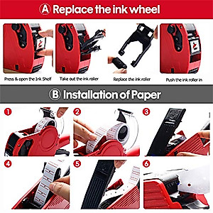MX5500 Pricing Tag Gun with 5150 pcs White Label Gun Stickers & 3 Extra Inker Rollers, Pricing Label Gun, 8 Digits Retail Pricing Gun and Labels for Grocery Store, Food (Red)