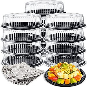 Tessco 12 Pack 12 in Disposable Catering Trays with Lids Serving Trays Black Plastic Round Platters with Clear Lids and 24 Pcs Deli Wax Paper Sheets for Party Food Sandwich Veggie Cookie Cake supplies