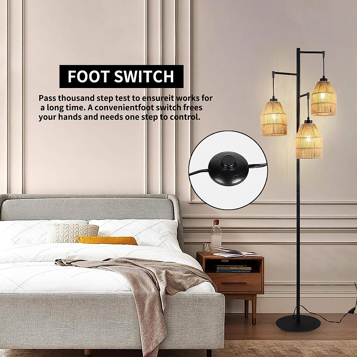 Rattan Floor Lamp for Living Room Bedroom 3-Lights Boho Tree Floor Lamps Modern Black Standing Lamp,Woven Hemp Rope Wicker 68"Tall Floor Light with Rotatable Farmhouse Foot Switch Rattan Tall Lamp