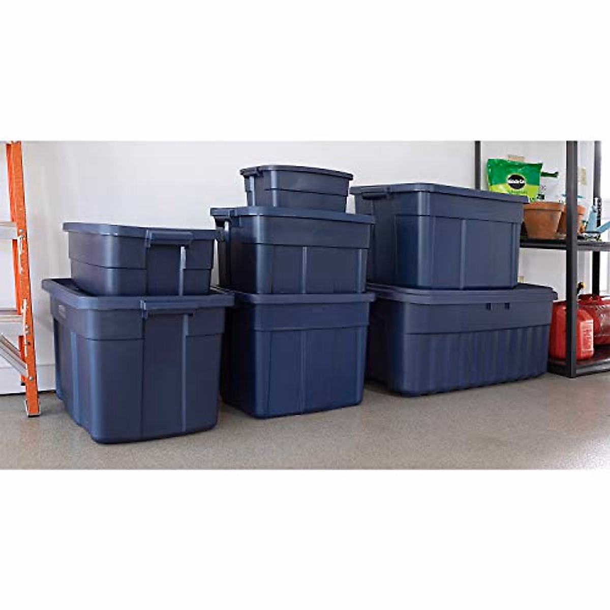 Rubbermaid Roughneck Home/Office 18 Gallon Rugged Latching Plastic Storage Tote with Lid, Dark Indigo Metallic (12 Pack)