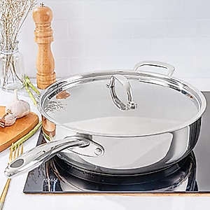 DELUXE 12 Inch Stainless Steel Skillet Frying Pan, Large Pan with Lid and Stay-Cool Handle, 5qt Deep Sauté Pans for Deep-Fry Braise Stew, Multipurpose Cooking Pot for Induction Gas Stove