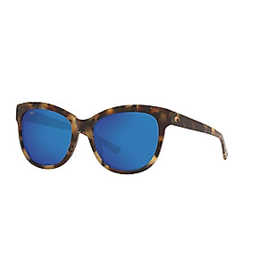 Costa Del Mar Womens Bimini Square Sunglasses, Shiny Vintage Tortoise/Grey Blue Mirrored Polarized-580G, 54 mm