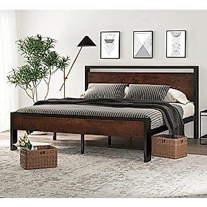 SHA CERLIN 14 Inch King Size Metal Platform Bed Frame with Wooden Headboard and Footboard, Mattress Foundation, No Box Spring Needed, Large Under Bed Storage, Non-Slip Without Noise, Mahogany