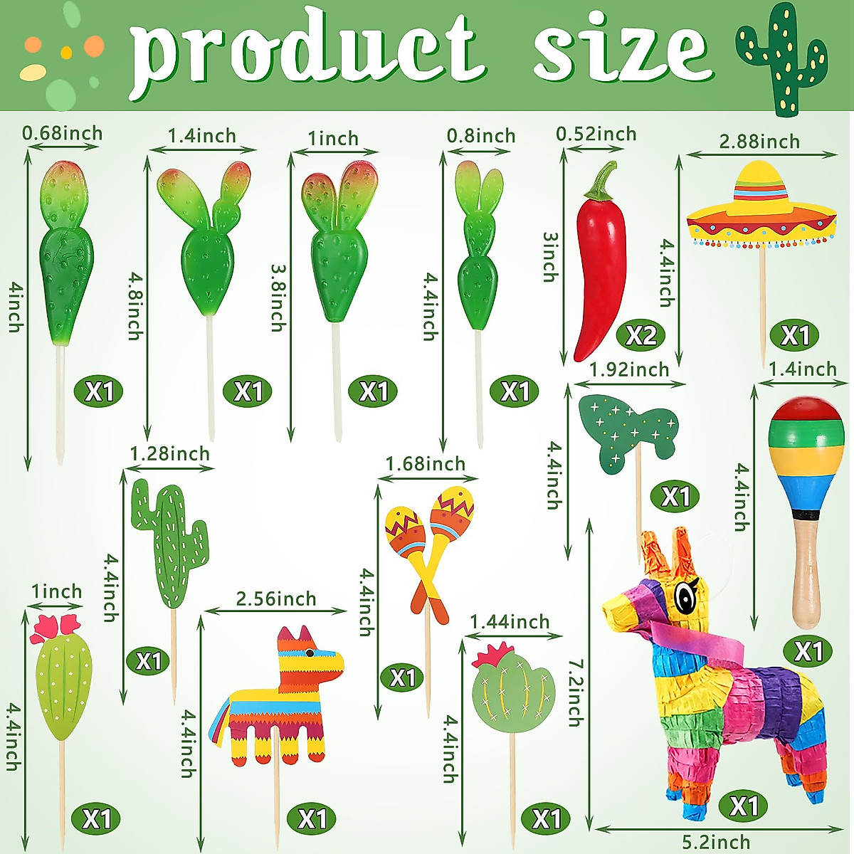 15 Pcs Fiesta Cupcake Topper Mexican Theme Cake Decoration Cactus Piñata Taco Party Decorations with Wooden Sand Hammer and Foam Chili Decorations for Mexican Fiesta Party Baby Shower(Cute Style)