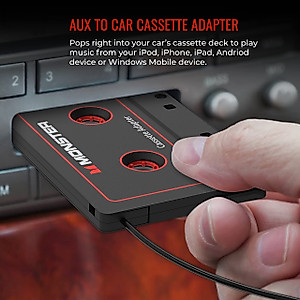 Monster Aux Cord Cassette Adapter 800 - iCarPlay for Car Tape Deck, Auxiliary To Dashboard, MP3 Player, iPod and iPhone - 3 ft Black Cable