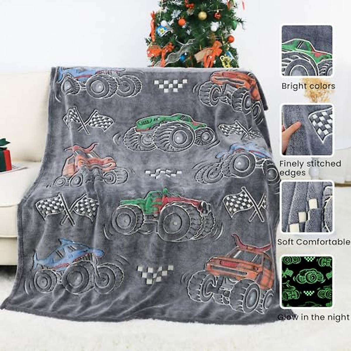 OHOIT Glow in The Dark Blanket for Kids Cute Truck Blanket Boys Blanket for Sofa Couch Bed Birthday Christmas Valentine's Day Easter Gifts for Kids Boys