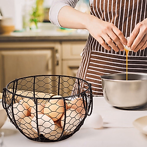 Flexzion Chicken Egg Basket - Wire Chicken Egg Basket with Ceramic Chicken Cover and Handles - Rustic Country Farmhouse Decor Countertop Egg Holder, Rustic Cherry
