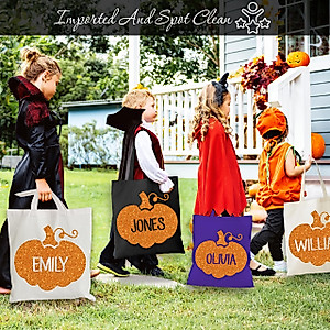 Customized Glitter Orange Pumpkin Halloween Trick or Treat Tote Bags, Goodie Bag (Black)