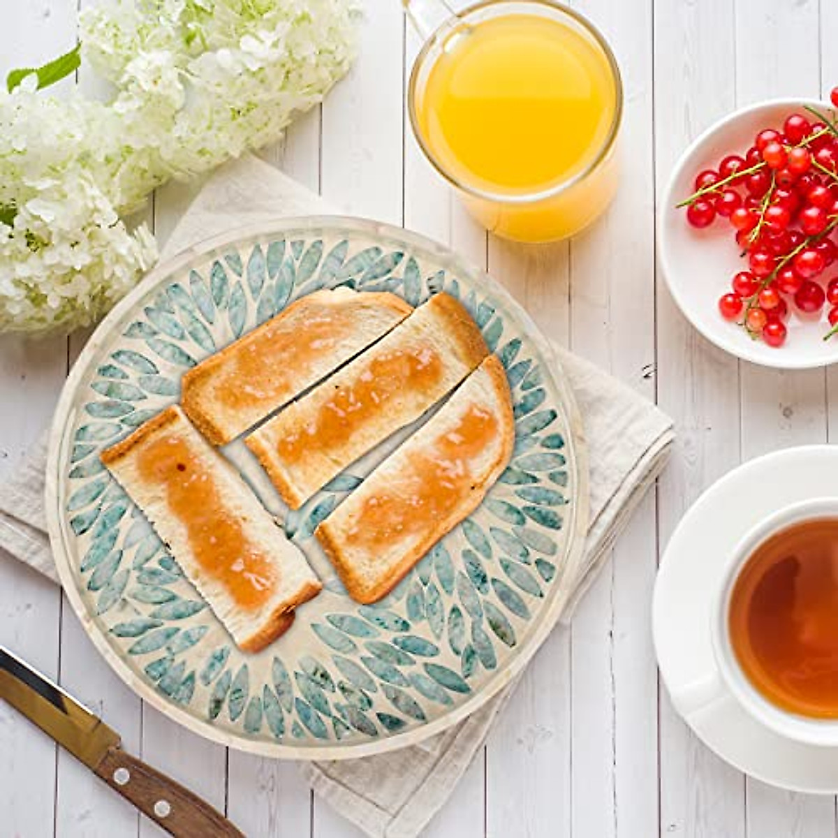 Round Serving Tray Shell Coffee Table Tray with Handles Elegant Decorative Tray for Food,Breakfast,Dinner,Ottoman,Parties,Restaurants and Bathroom, Blue, 11.8'