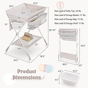 BABY JOY Baby Changing Table, Portable Folding Diaper Changing Station with Wheels, Adjustable Height, Large Storage Rack, Water Basin, Safety Belt, Mobile Nursery Organizer for Newborn Infant, Beige