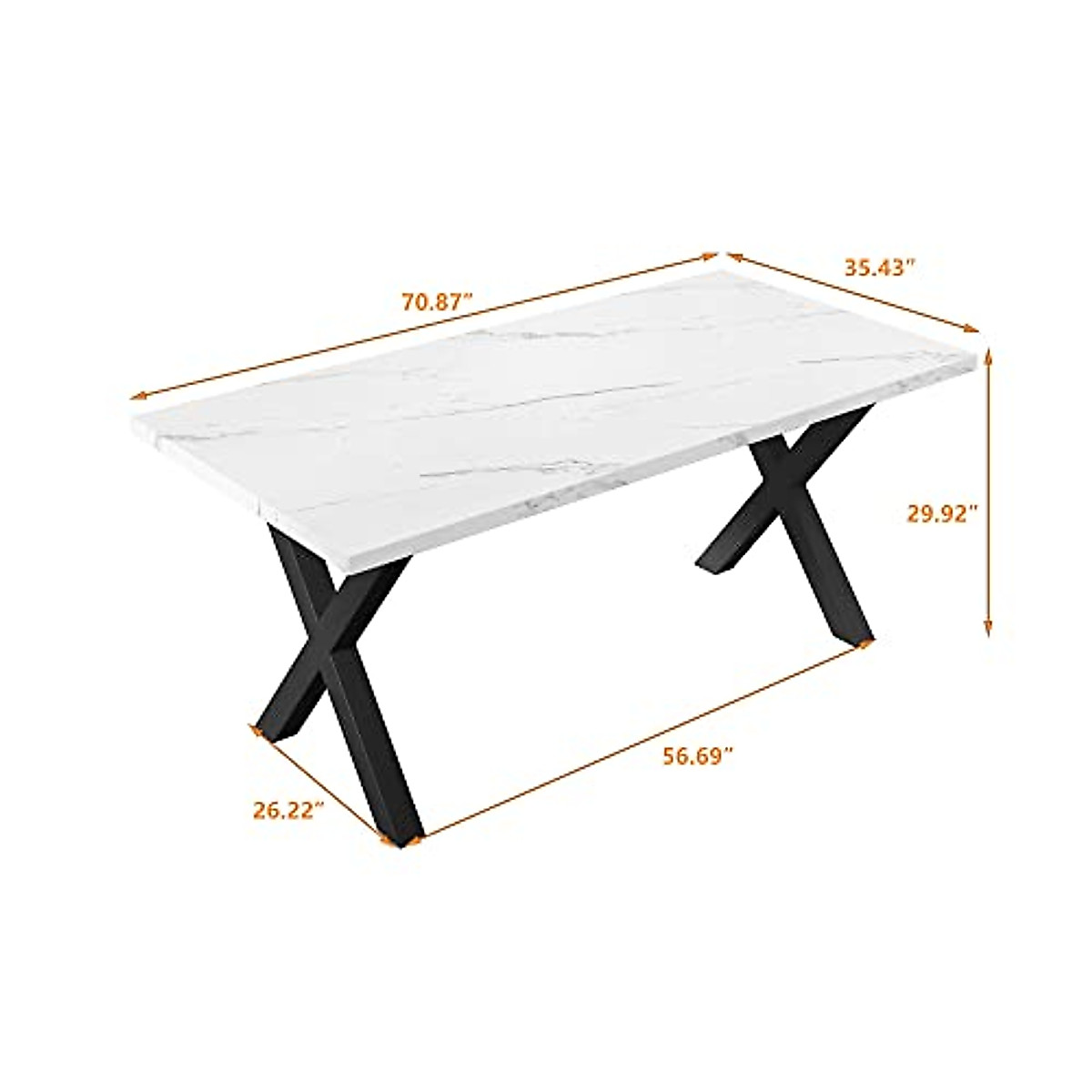 70.87" Faux Marble Dining Table, Modern Rectangular Dining Table with Printed Marble Table Top and X-Shape Stainless Steel Table Leg/Metal Base for Kitchen & Dining Room（White Top+ Black Legs）