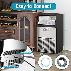 Erivess 120lbs/24H Commercial Ice Maker Machine, 48 Cubes/11mins Stainless Steel Under Counter ice Machine with 33lbs Ice Storage Capacity, Self-Clean Freestanding Ice Maker