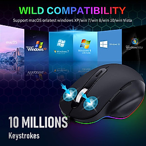Gaming Mouse Wired, 6 Programmable Buttons, 7 Mode RGB Backlit, 200-7200 DPI Adjustable, High-Performance Gaming Mouse PC Laptop Mac Computer Gaming Mice, Black