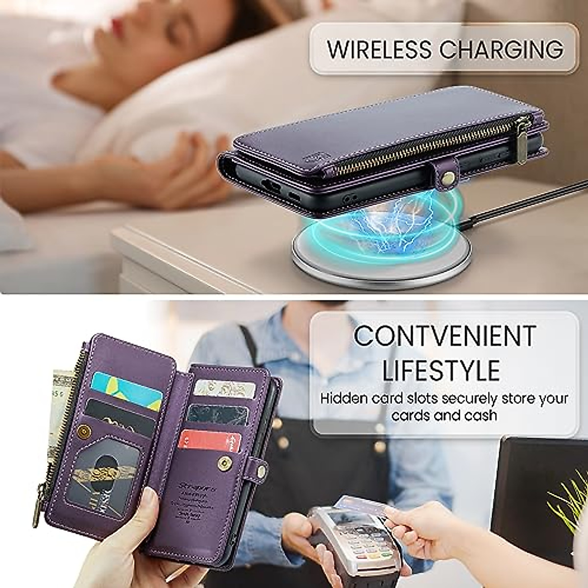 Strapurs Compatible with Samsung Galaxy S22 Wallet Case, for Galaxy S22 Case Wallet with Card Holder【RFID Blocking】 Zipper Wristlet PU Leather Magnetic Flip Folio Cover for Women and Men,Purple