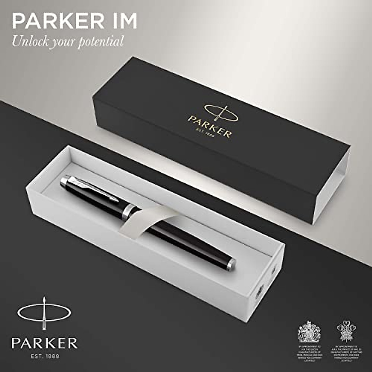 PARKER IM Fountain Pen, Black Lacquer Chrome Trim, Medium Nib with Blue Ink Refill, Gift Box (1931651)