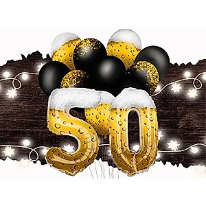 50th Birthday Backdrop for Men, Cheers and Beers to 50 Years Banner Black and Gold Foil Balloon Anniversary Birthday Party Decorations Supplies W-7138