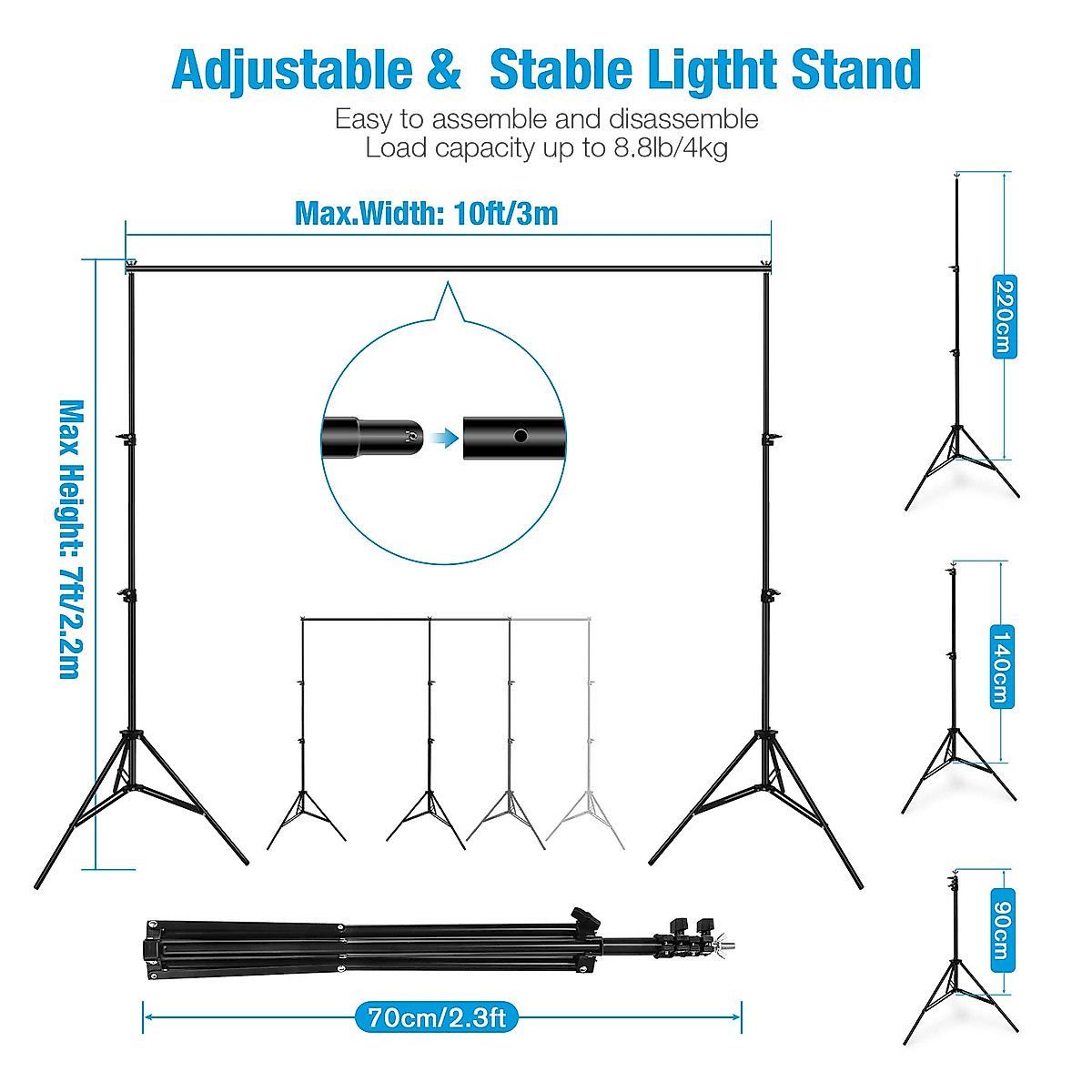 Photo Backdrop Stand, Photography Backdrop Stand, 10Ft Adjustable Background Stand Kit for Studio, Parties, Wedding, with 4 Crossbars, 4 Backdrop Clamps, 2 Sandbags, and Carrying Bag