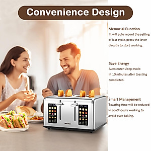 Mecity 4 Slice Toaster Touch Screen Control 4 Wide Slot, Stainless Steel Smart Bread Toaster for Bagel Muffin Waffle, Dual Control Pannel, Timer, Defrost, Reheat, 120V 1650W
