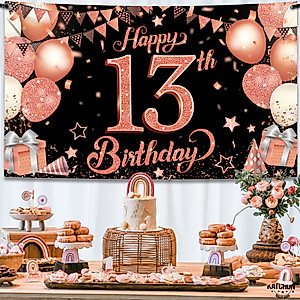 KatchOn Rose Gold Happy 13th Birthday Banner - XtraLarge, 72x44 Inch | Rose Gold and Black Happy 13th Birthday Decorations for Girls | Official Teenager Banner, 13 Year Old Birthday Supplies