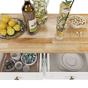 soges Rolling Kitchen Island Cart with Storage, Wood Trolley Cart with Spice and Towel Rack, Mobile Kitchen Storage Cabinet Island Table on Wheels, Serving Cart with Cabinet and Drawers,FZSR-HT01WT