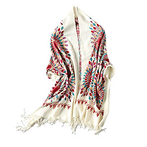 Urban CoCo Women's Embroidered Oversize Tassel Shawl Scarf Wraps for Women(Beige)