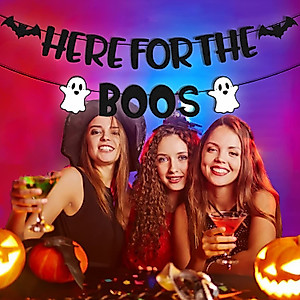 Here for The Boos Banner Halloween Ghost Bat Haunted House Pumpkin Horror Happy Boo Day Themed for Boy Girl Kids Halloween Festival Holiday Party Decoration Black Glitter Supplies