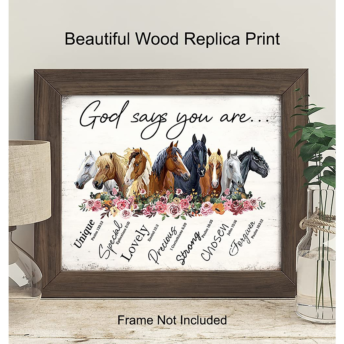 Rustic Religious Horse Wall Art - Inspirational Spiritual Scripture Christian Boho Farmhouse Poster - Girls Bedroom Decor - God Says You Are - Shabby Chic Decoration - Country Western Gift for Women