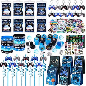 Winrayk 136Pcs Video Game Party Favors Gamer Birthday Supplies for Kids Boys Girl Drinking Straw VIP Pass Gift Bag Bracelet Stamper Luminous Tattoo Sticker Keychain Pinata Stuffers Gaming Party Favors