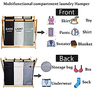 Large Laundry Hamper Sorter 3 Section,143L Waterproof Laundry Hamper Basket with 3 Compartments,Triple Divided Laundry Organizer with Sturdy Bamboo Frame for Dirty Clothes in Home,(White+Grey+Black)